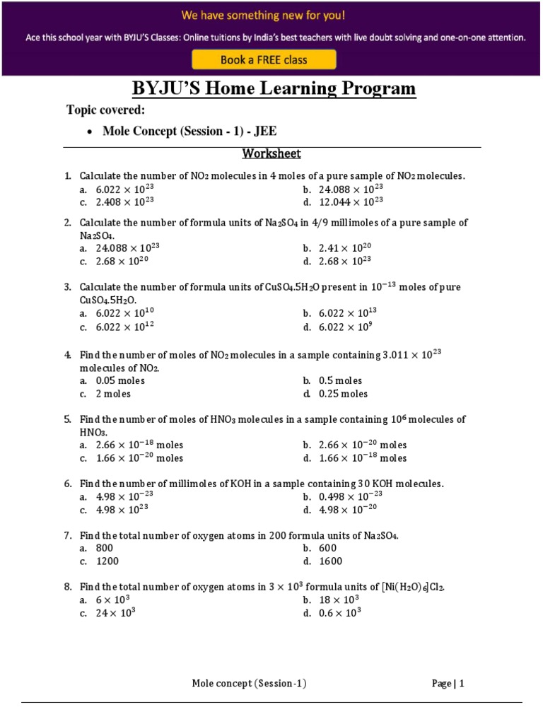 Mole Concept S1 Worksheets April 15 | PDF | Mole (Unit) | Molecules