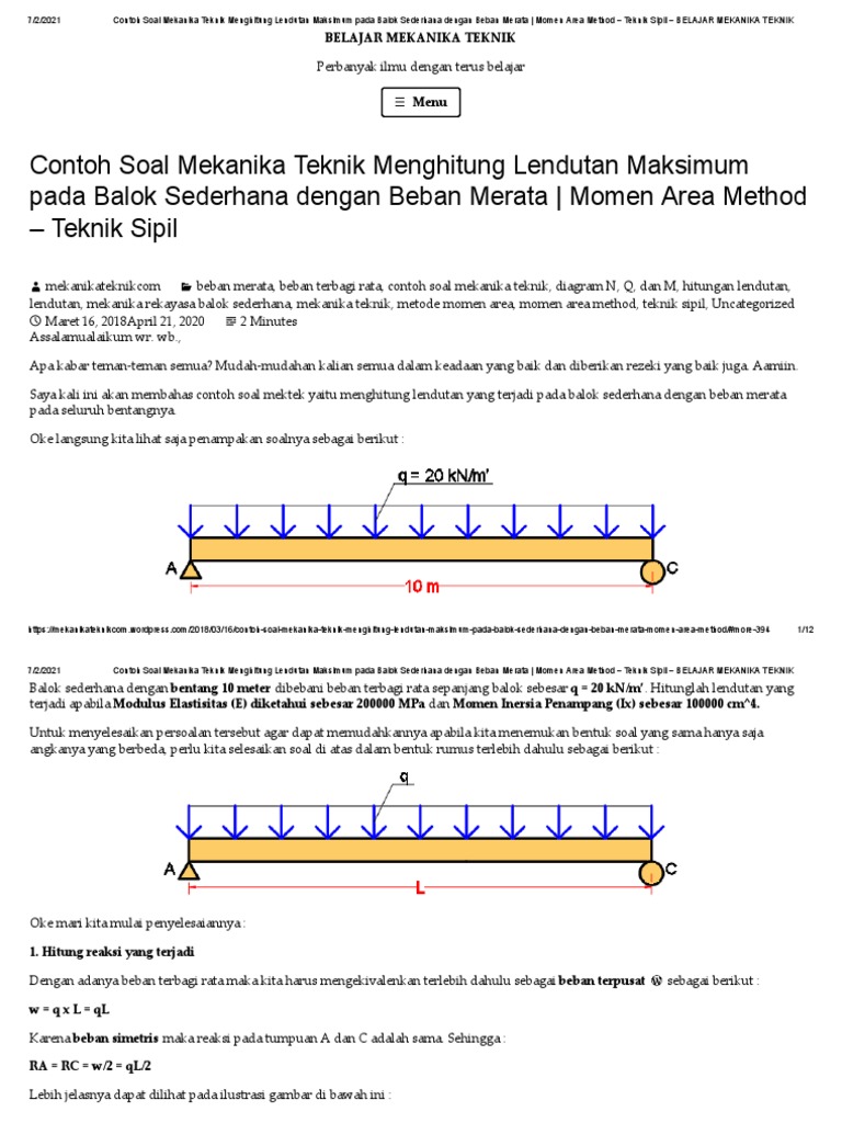 Contoh Soal Mekanika Teknik Menghitung Lendutan Maksimum Pada Balok ...