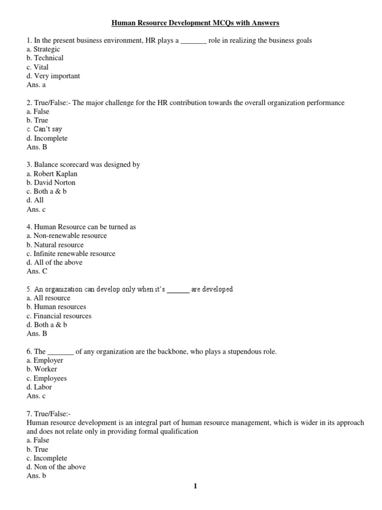 HR Development MCQs and Answers | PDF | Human Resource Management ...