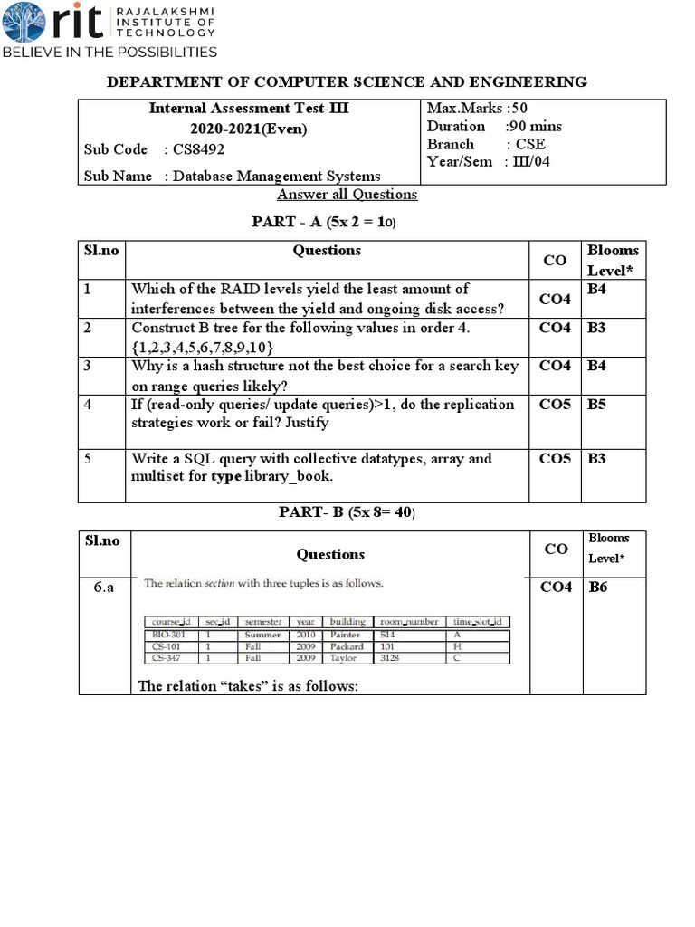 DBMS - Internal Assessment Question Paper | PDF | Databases | Computing