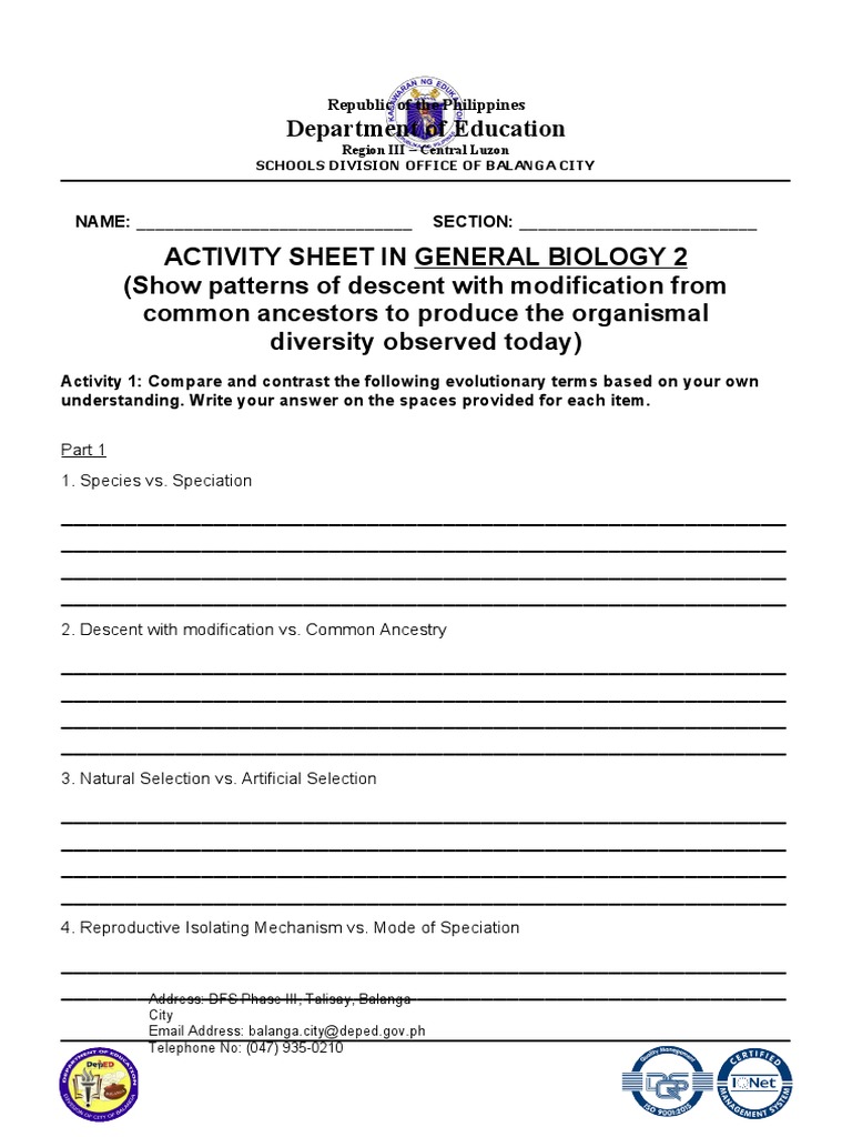 Activity For Evolution Part 1 | PDF | Evolution | Species