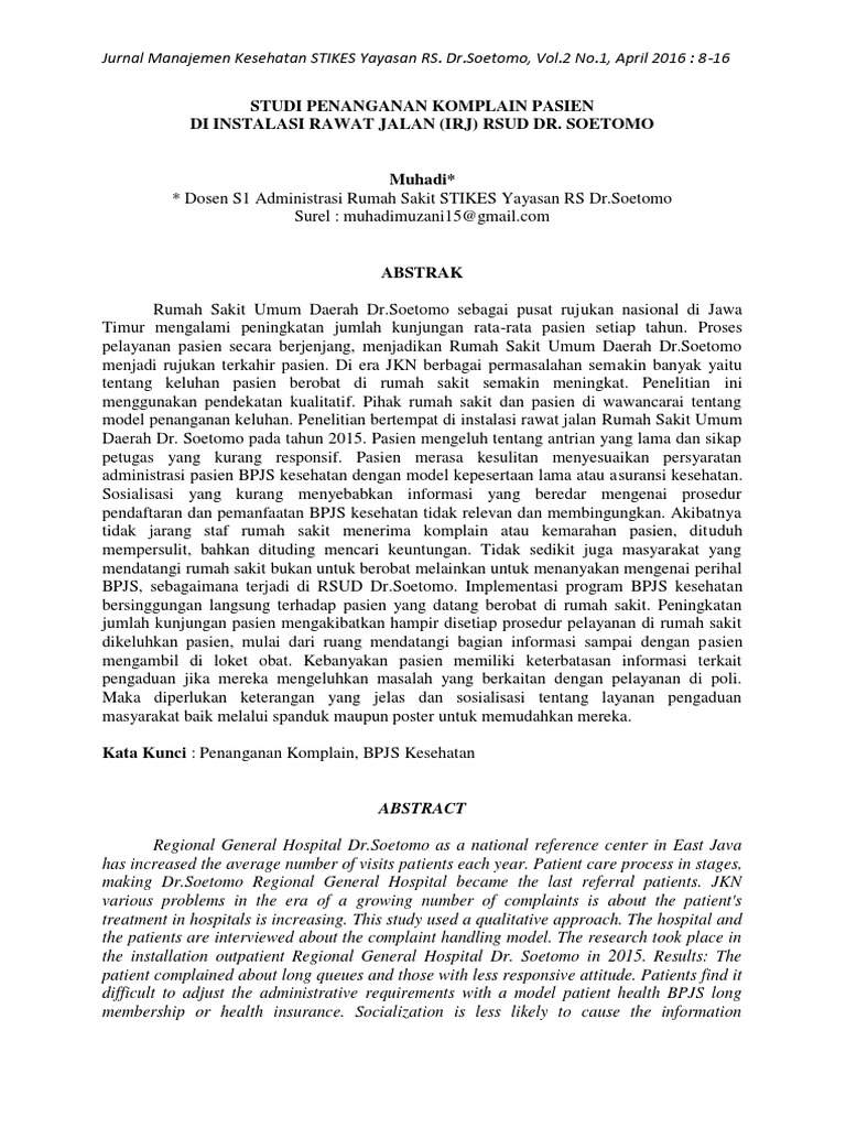 Studi Penanganan Komplain Pasien Di Inst c460db0f | PDF