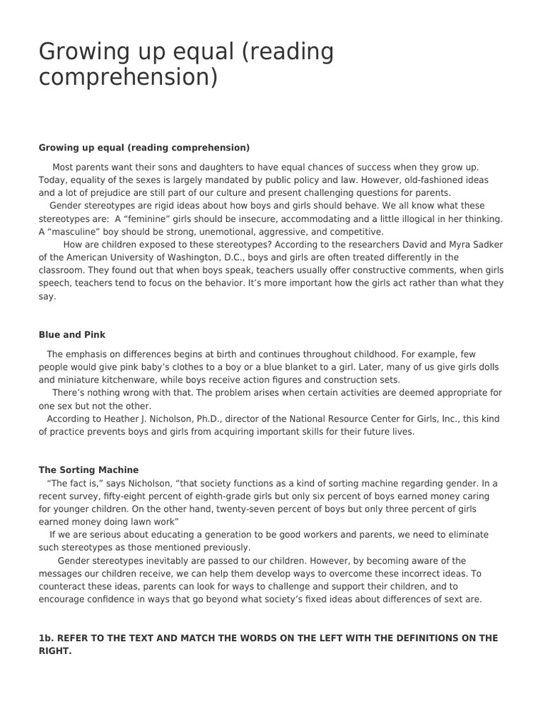 Growing Up Equal (Reading Comprehension) | PDF | Gender | Gender Studies