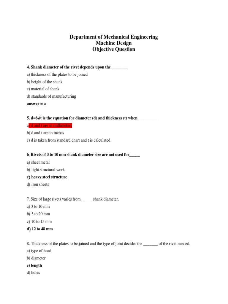 Department of Mechanical Engineering Machine Design Objective Question ...