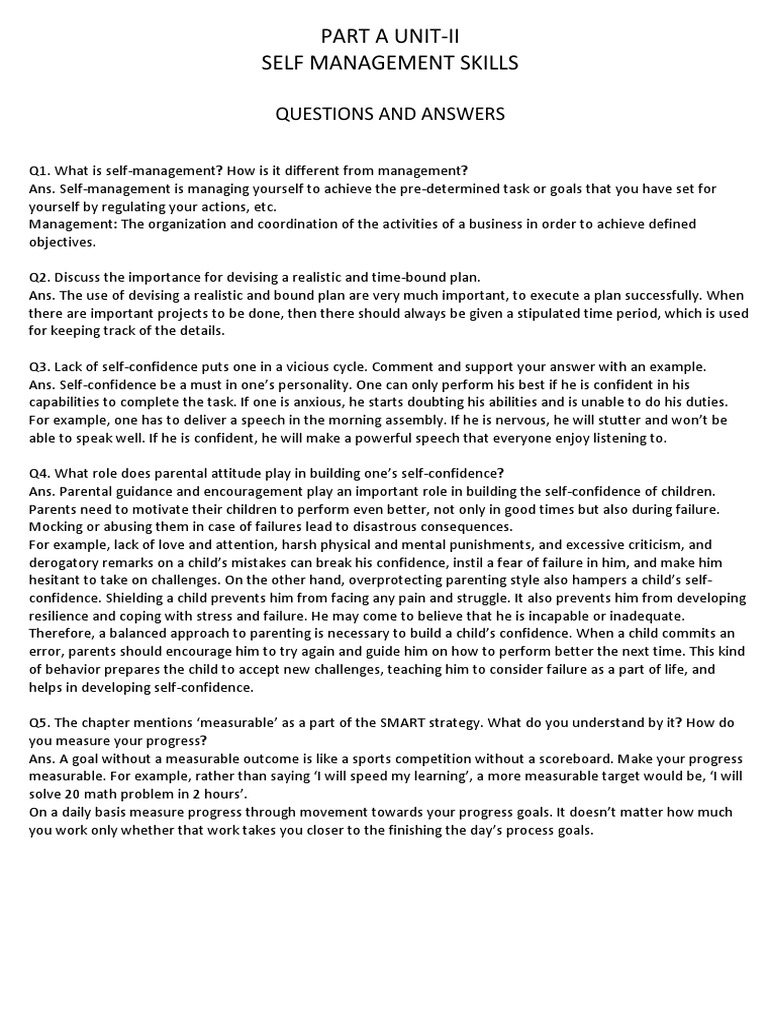 Part A Unit-Ii Self Management Skills: Questions and Answers | PDF ...