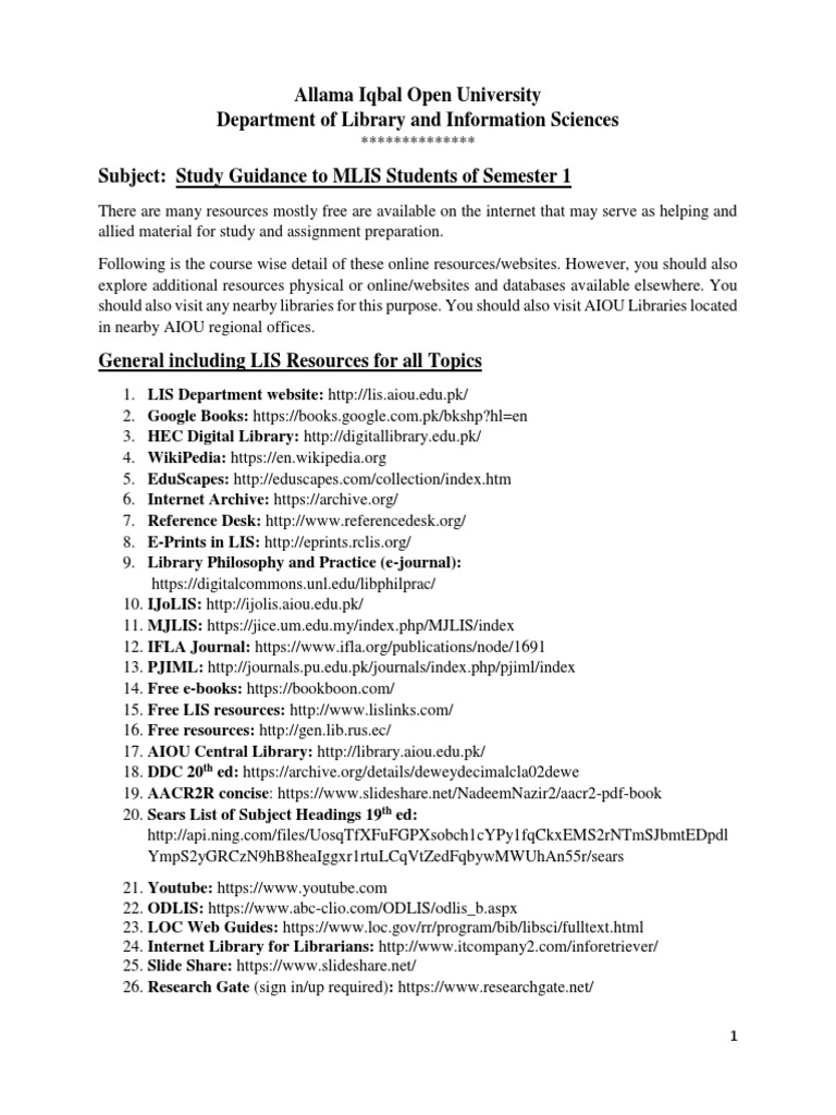 Links To Resources MLIS Semester 1 | PDF | Cataloging | Libraries