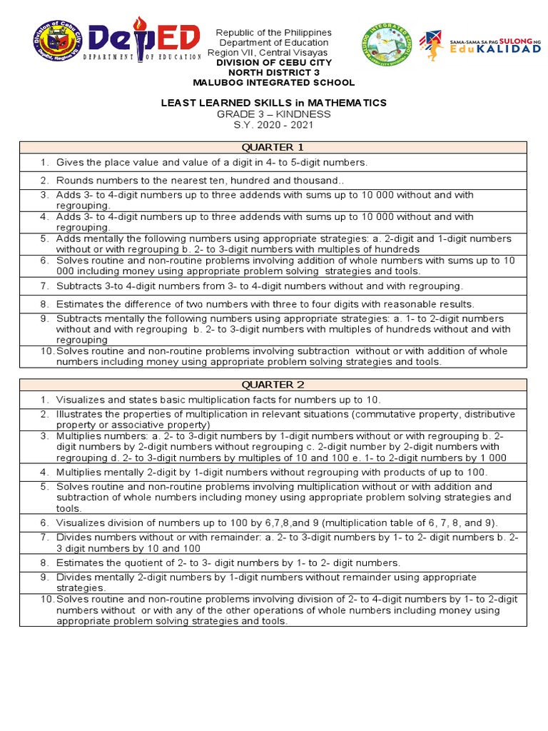 GRADE 3 KINDNESS Least Learned Skills in Mathematics2020 - 2021 | PDF | Mathematics | Elementary ...