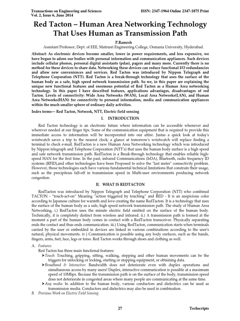 Red Tacton - Human Area Networking Technology That Uses Human As ...
