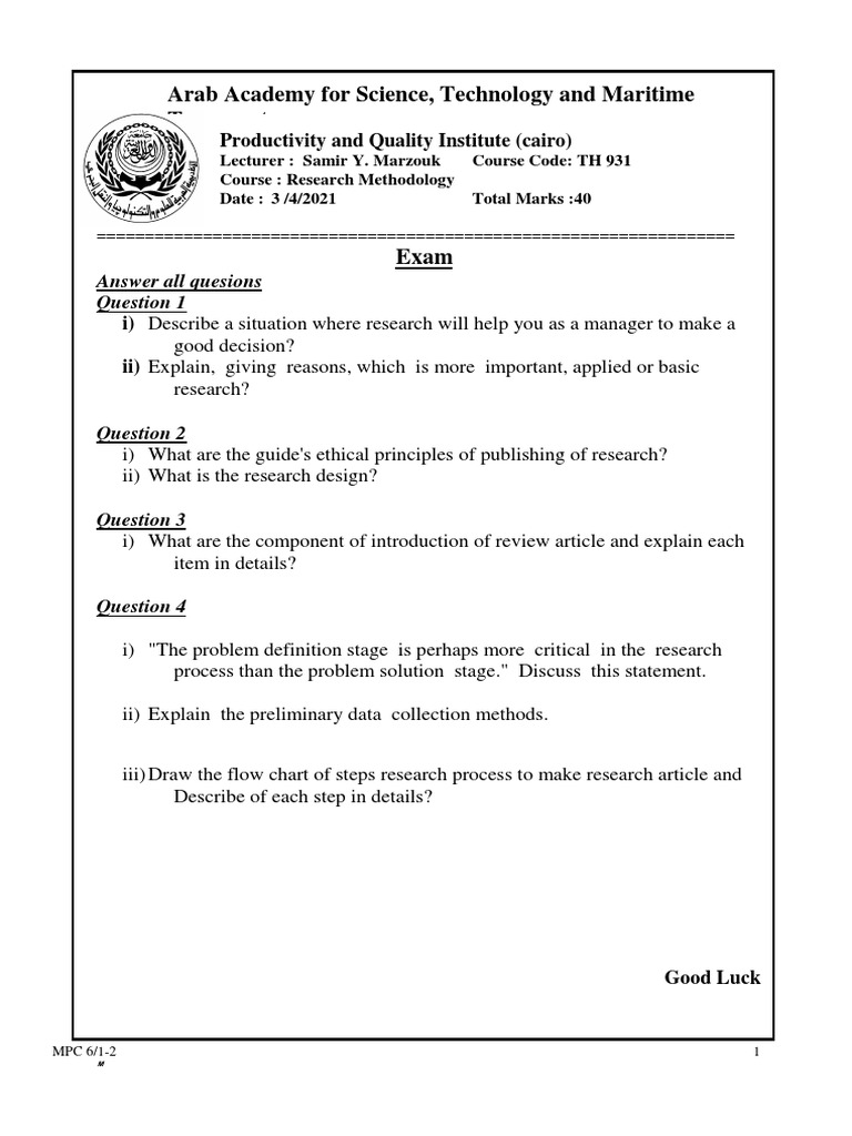 Final Exam (Research Methodology) | PDF