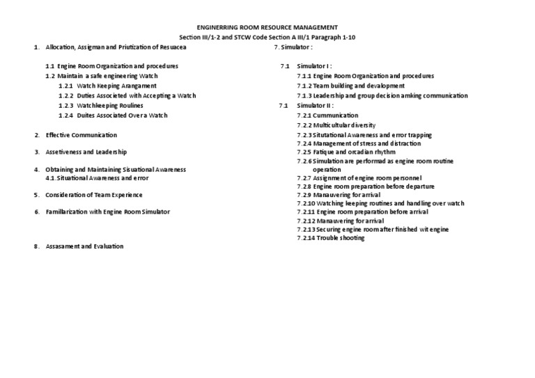 Enginerring Room Resource Management Section III/1-2 and STCW Code ...