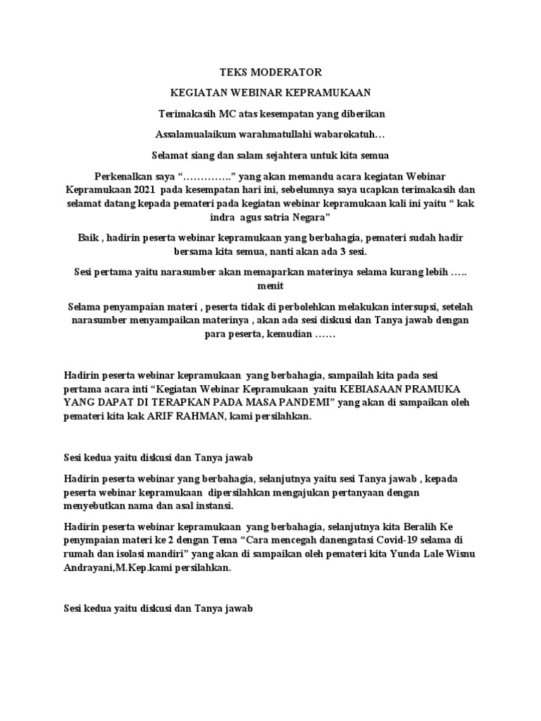 Teks Moderator Webinar Kepramukaan 2021 | PDF