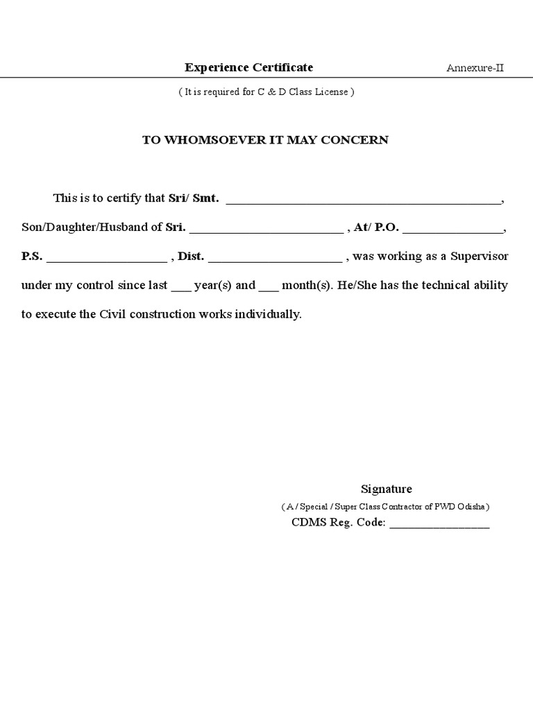 PWD Contractor Experience Certificate | PDF