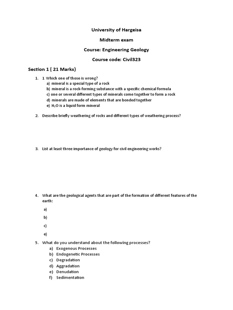 University of Hargeisa Midterm Exam Course: Engineering Geology Course ...