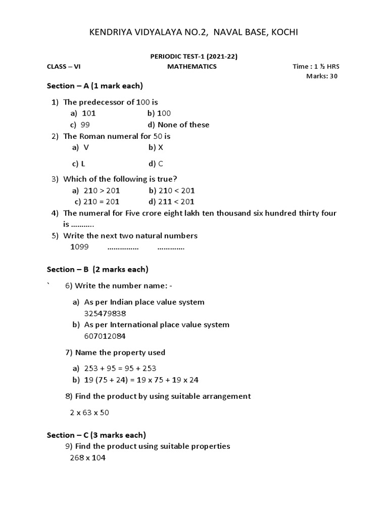 Kendriya Vidyalaya No.2, Naval Base, Kochi: Section - A (1 Mark Each) | PDF