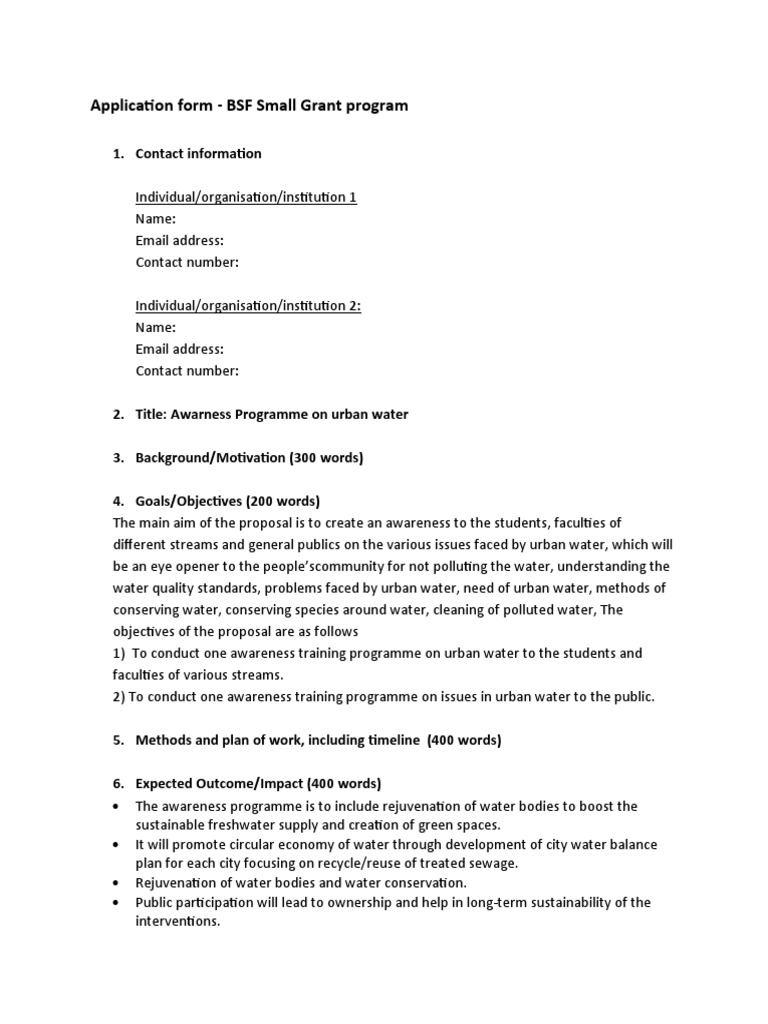Application Form BSF Small Grants Program | PDF