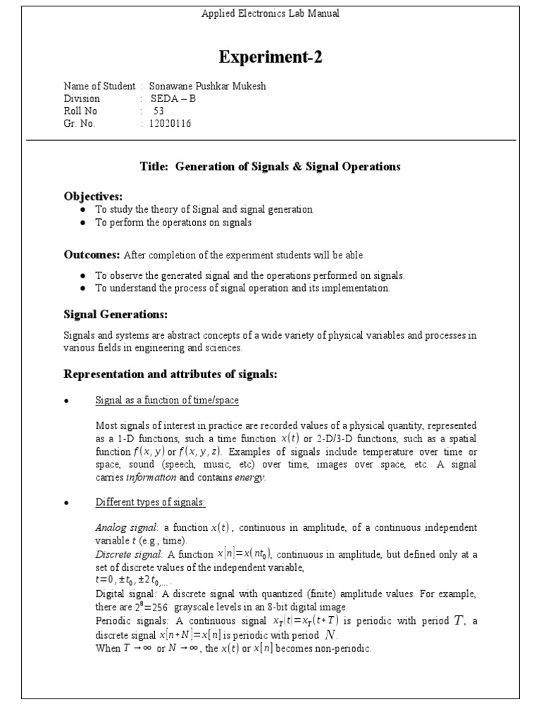 Experiment-2: Title: Generation of Signals & Signal Operations Objectives | PDF | Discrete Time ...