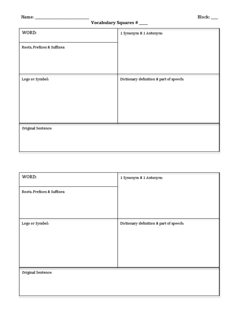 Vocabulary Squares | PDF | Language Arts & Discipline