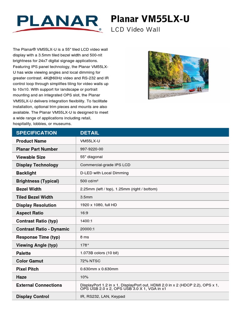 Planar VM55LX-U: LCD Video Wall | PDF | Backlight | Video