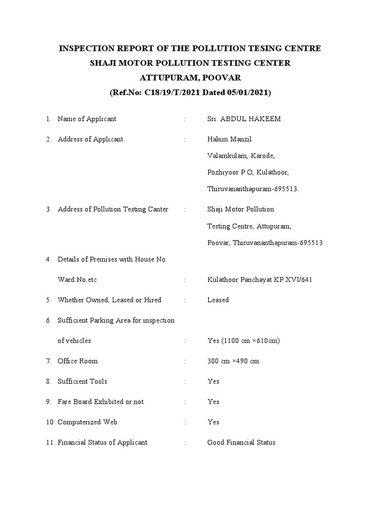 Inspection Report of The Pollution Tesing Centre | PDF | Driver's ...