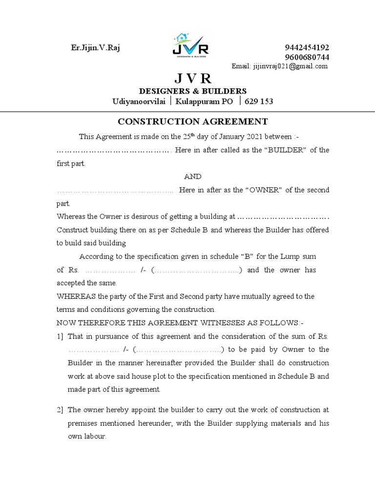 Construction Agreement for Building a Residential Property in ...