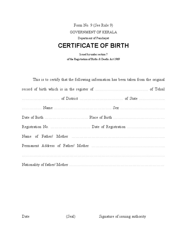 Kerala Birth Certificate Form No. 9 | PDF