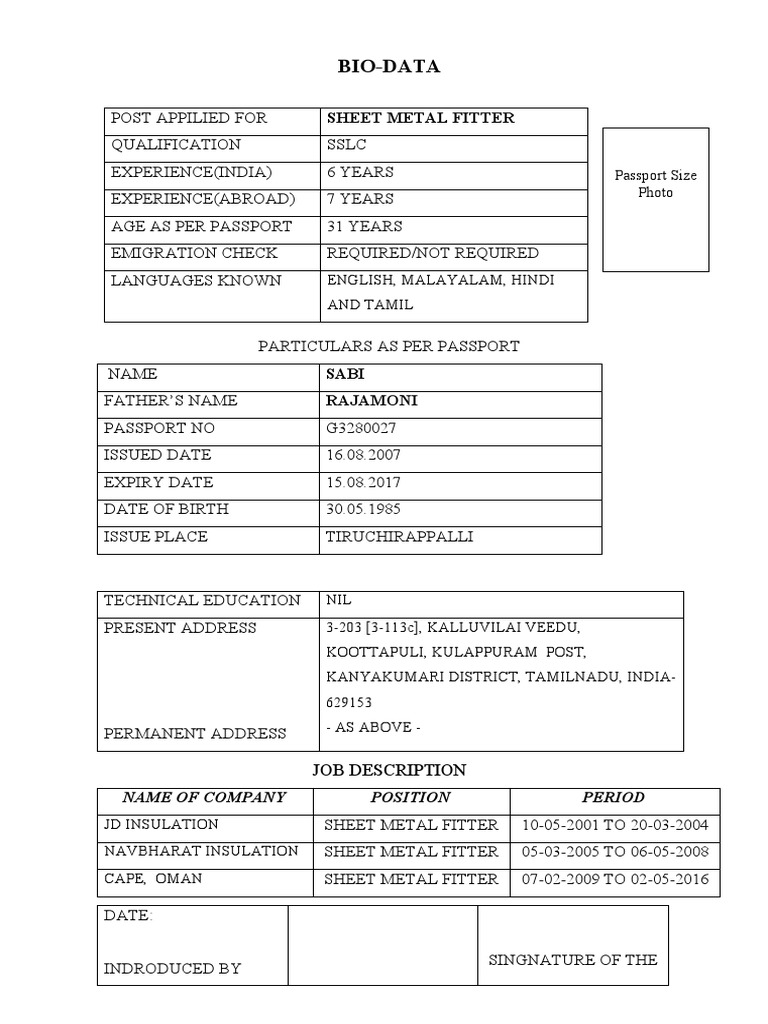 Bio-Data: Passport Size Photo | PDF | Tamil Nadu | Languages Of Asia