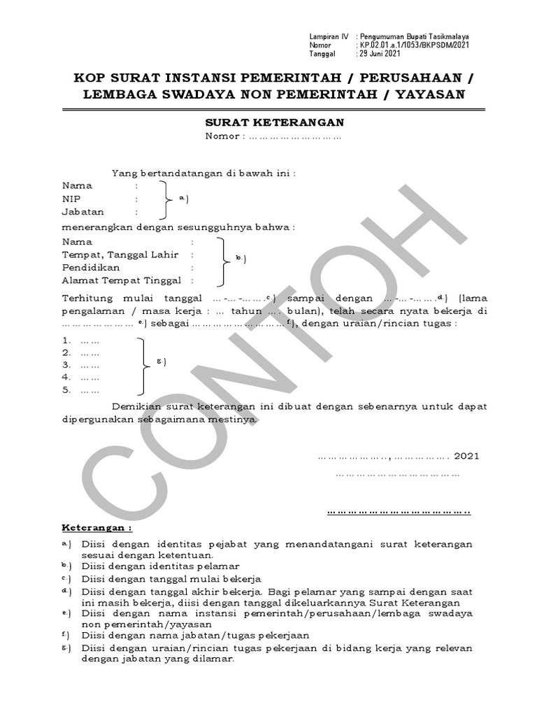 Lampiran IV - Format Surat Keterangan Pengalaman Kerja Pelamar PPPK 2021 | PDF