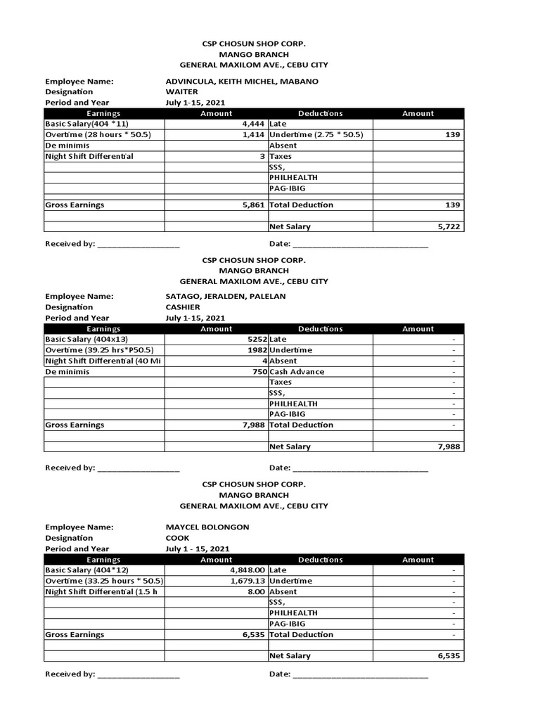 Payslip Format | PDF | Waiting Staff | Salary