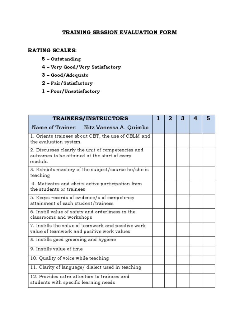 Training Session Evaluation Form Rating Scales:: Name of Trainer: Nitz ...