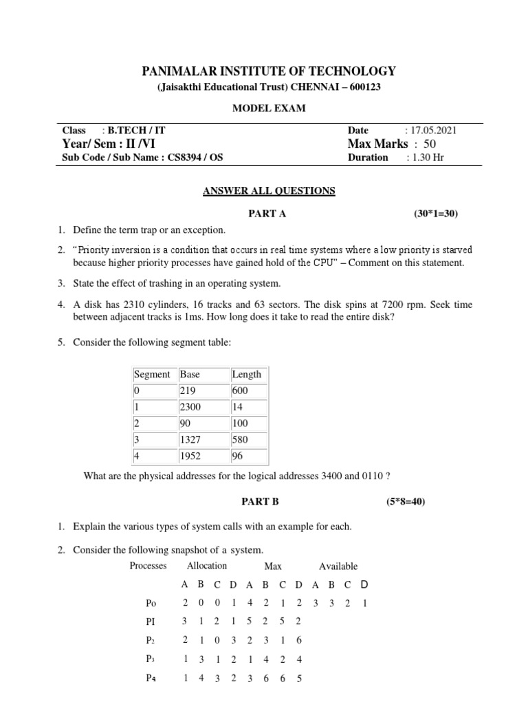 OS Model Exam QUESTION PAPER | PDF | Scheduling (Computing ...