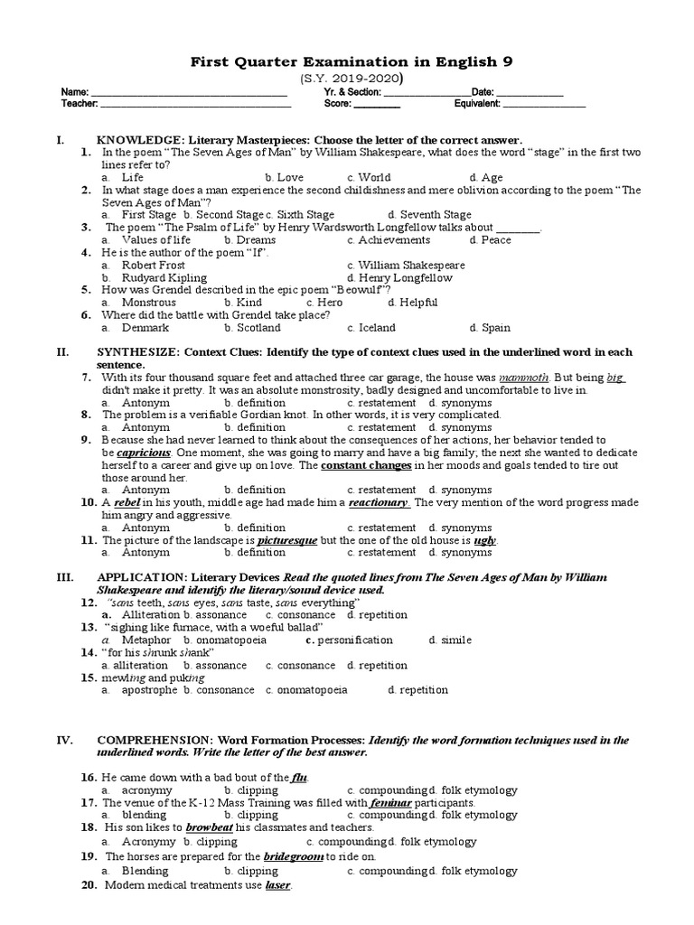 1st Quarter Exam G9 | PDF