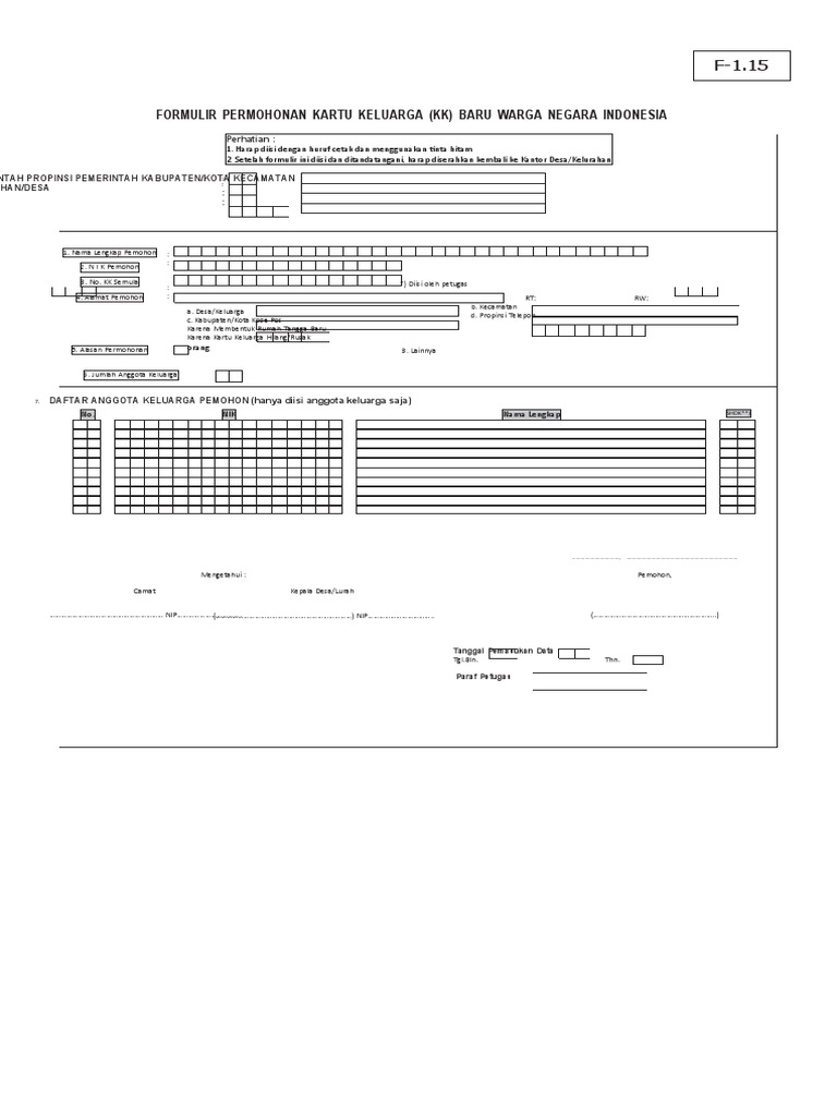F-1.15 Formulir Permohonan Kartu Keluarga (KK) Baru Wni | PDF