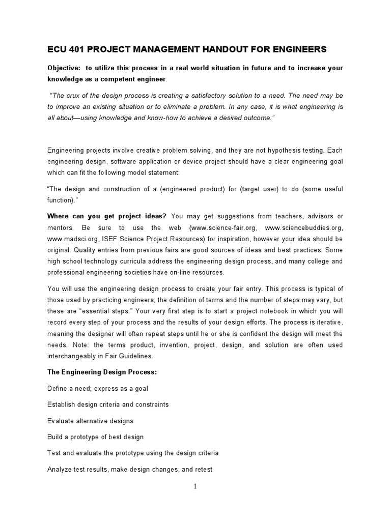 HANDOUT 1 Engineering Design Process | PDF | Project Management ...
