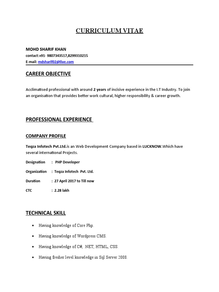 Curriculum Vitae: Career Objective | PDF