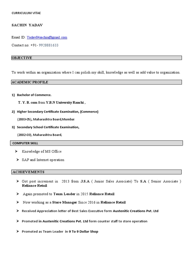Sachin Yadav: Curriculum Vitae | PDF | Career & Growth | Business