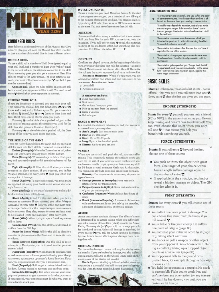 MYZ - Player Reference Cheat Sheet Tables | PDF