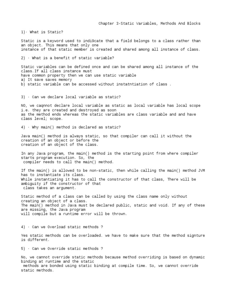 Chapter 3-Static Variables, Methods and Blocks | PDF | Class (Computer Programming) | Method ...