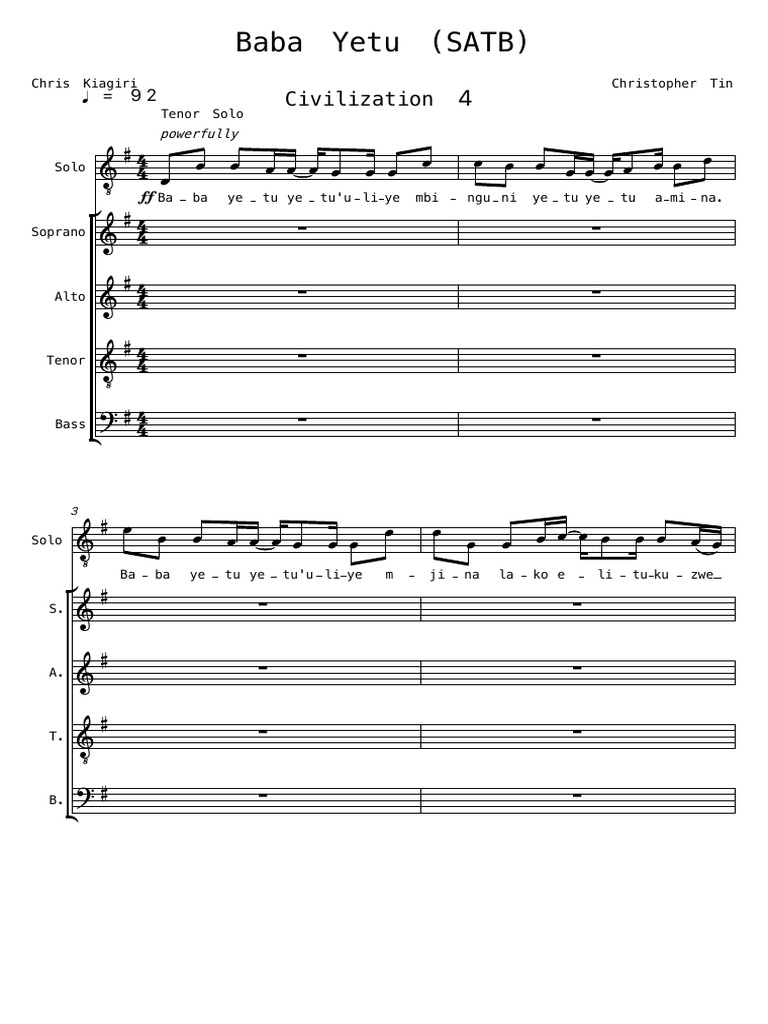 Baba Yetu Choral Sheet Music | PDF | Pitch (Music) | Compositions