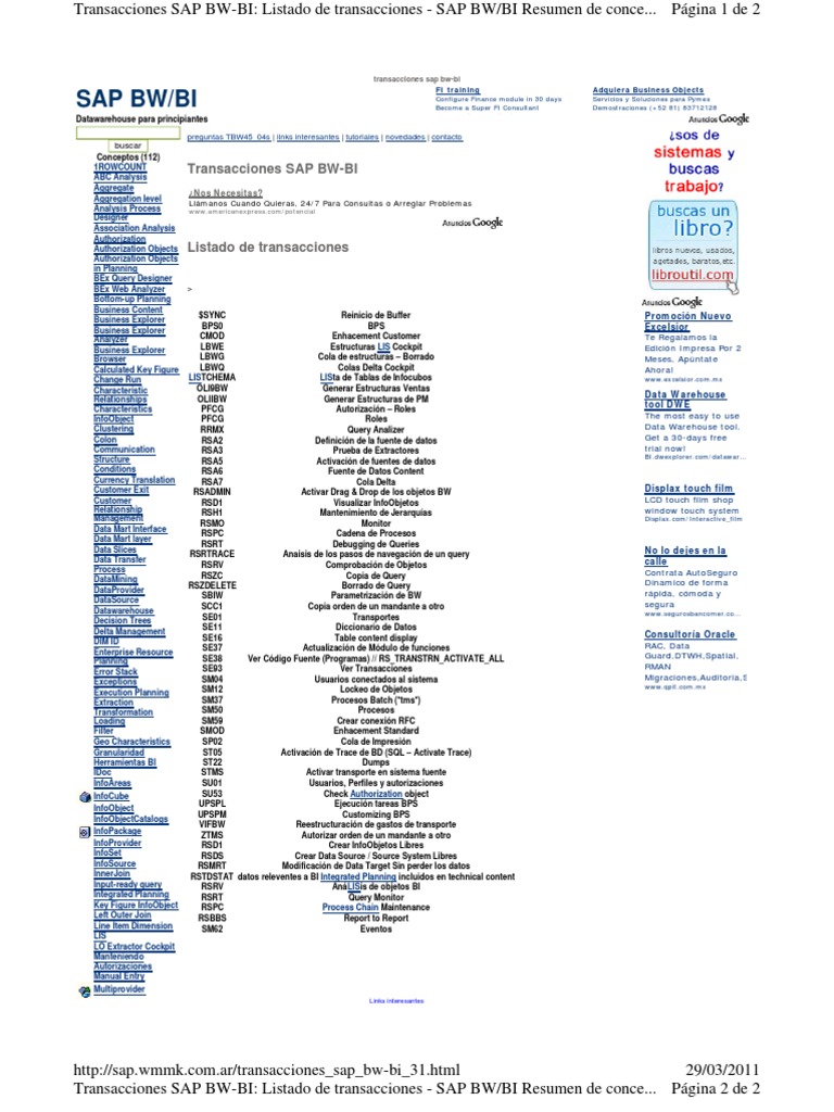 Transacciones SAP BW/BI: Guía Rápida | PDF | Tutorial | Bases de datos