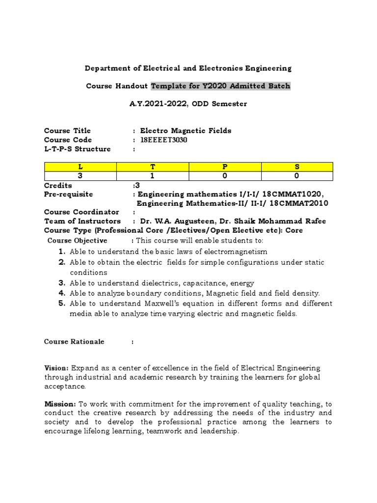 Course Handout - EMF 2021 - 2nd Year | PDF | Electric Field | Magnetic ...