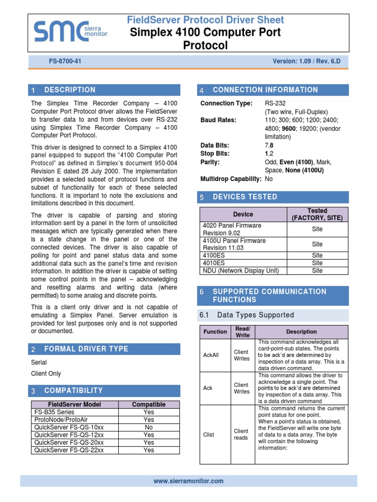 Simplex 4100 Computer Port Protocol: Fieldserver Protocol Driver Sheet ... Simplex 4100 Computer Port Protocol: Fieldserver Protocol Driver Sheet ...