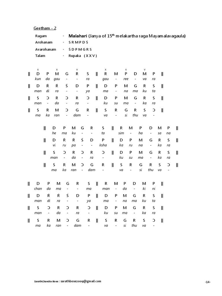 Geetham 2 Raga - Malahari - 'Kundagaura' | PDF | Classical And Art ...