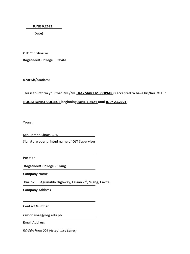 JUNE 6,2021: RC-OEA Form 004 (Acceptance Letter) | PDF