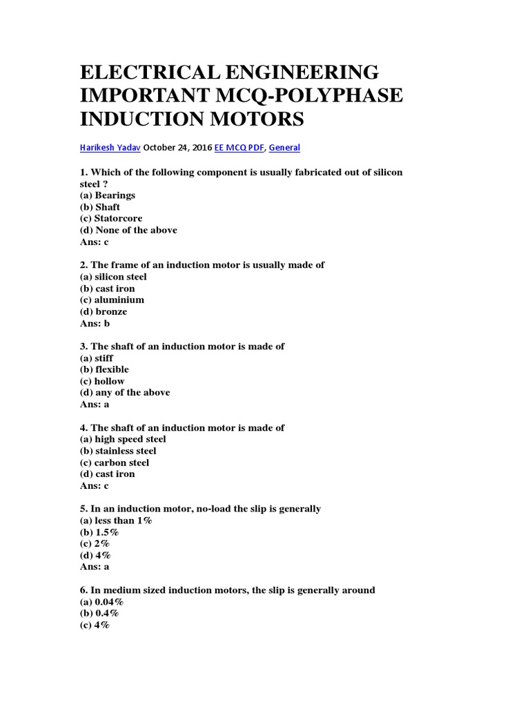 Electrical Engineering Important Mcq-Polyphase Induction Motors | PDF | Electric Motor ...