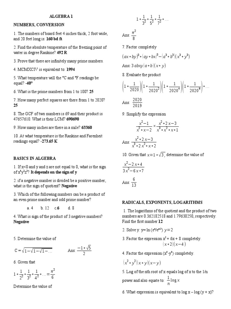 Algebra 1 Numbers, Conversion | Download Free PDF | Density | Logarithm
