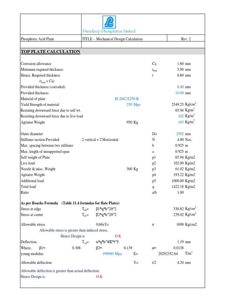 Tank Top Plate Calculation | PDF | Materials | Solid Mechanics