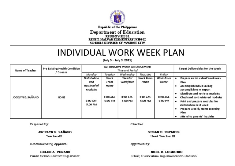 Individual Work Week Plan: Department of Education | PDF