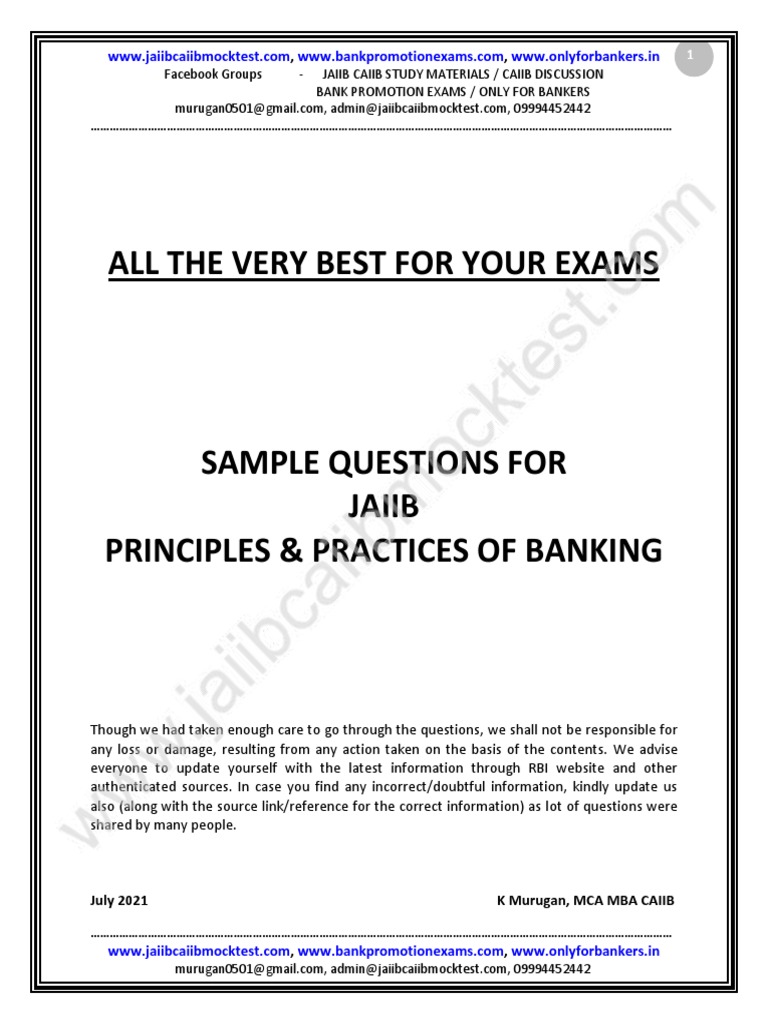 JAIIB PPB Sample Questions by Murugan-Aug-Sep 21 Exams | PDF | Banks ...