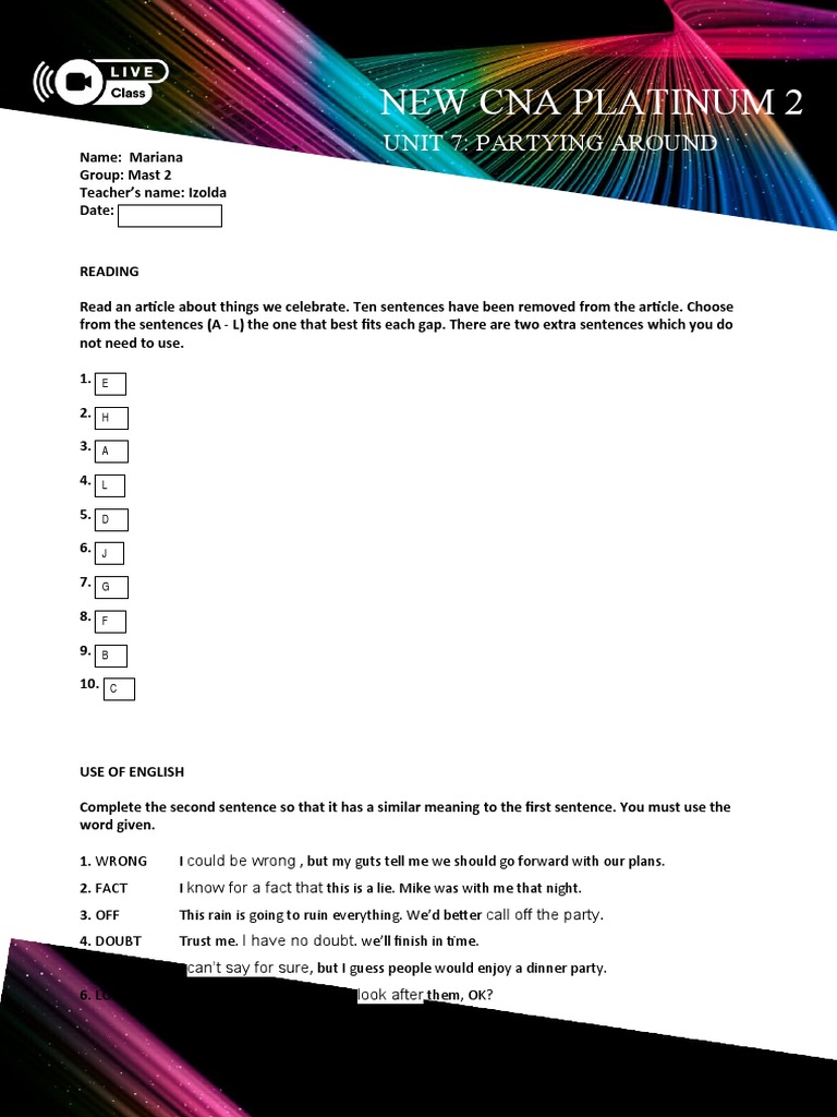 CNA Live Class - Master in English 2 - New CNA Platinum 2 - Activity ...