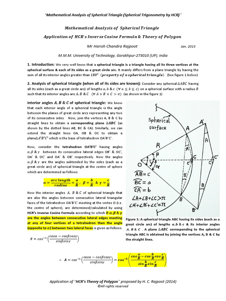 Mathematical Analysis of Spherical Triangle (Application of HCR's ...